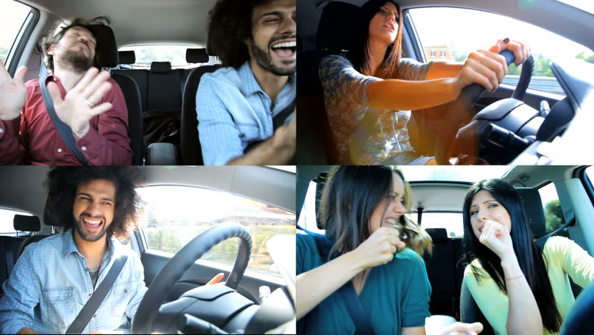 People Singing And Dancing While Driving Car Split Screen Montage Stock