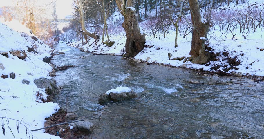 Snow Covered Stream Flowing Through Stock Footage Video (100% Royalty ...