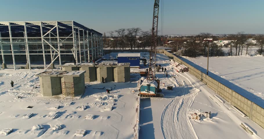 Construction Of A Modern Factory Or Plant, Industrial Area In Winter ...
