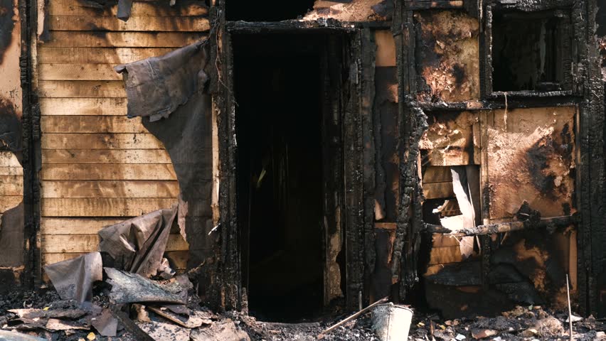 Burned Down Private Wooden House. Stock Footage Video (100% Royalty ...