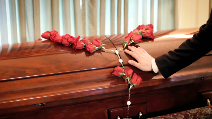 Coffin At Funeral Service Or Wake, Person Giving Last Respects To ...