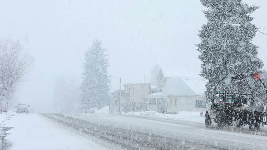 Storm Snow Blizzard Small Rural Town With Cars Drive Through Heavy Snow ...