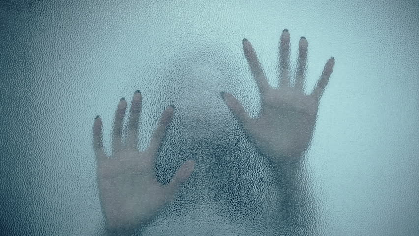 Female Hand And Head, Spooky Shadows On The Glass Wall, In Full HD ...