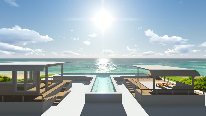 Minimalist Terrace With Infinity Pool And Relax Area, Armchairs And ...