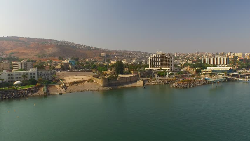 TIBERIAS, ISRAEL - Beautiful 4K Aerial View Of Sea Of Galilee Shore On ...