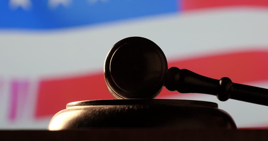 Judge Calling Order With Hammer And Gavel In American Court With Flag ...