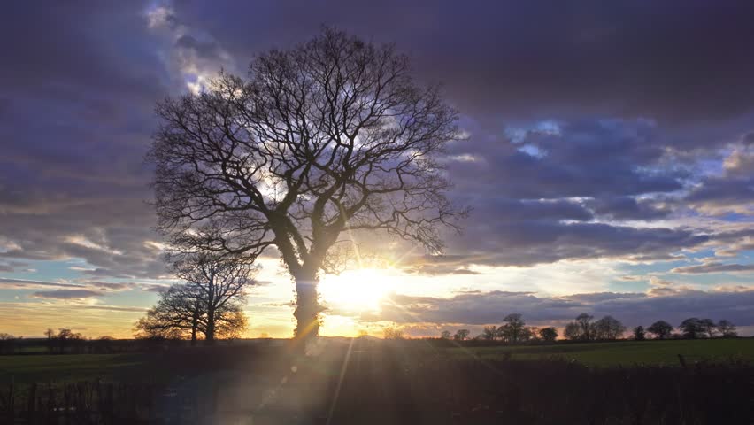 Stock video of evening sunset over countryside winter landscape ...