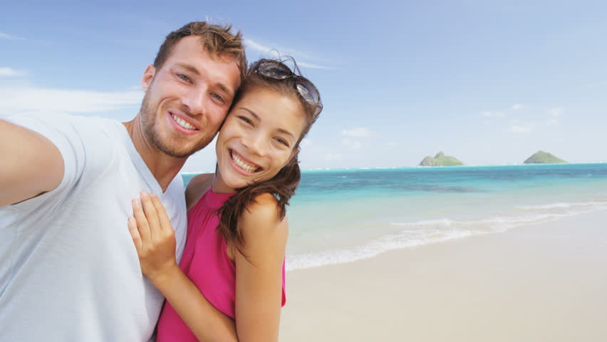 Selfie Couple In Love On Hawaii Beach Taking Photo Self Portrait Young