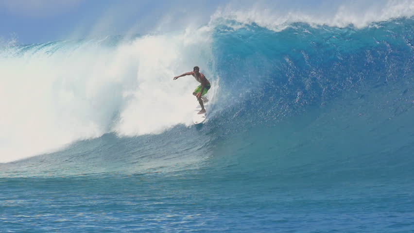 SLOW MOTION: Cheerful Extreme Pro Surfer Surfing Big Tube Barrel Wave ...