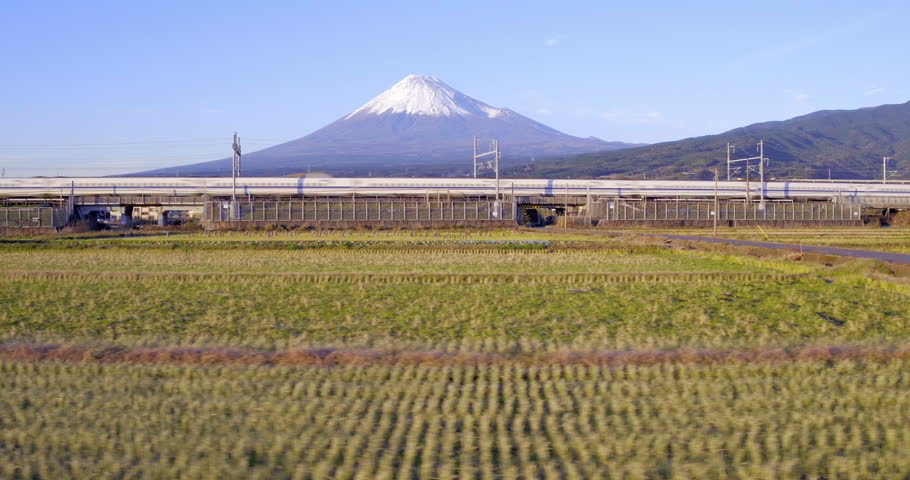 Japan, Honshu, Mount Fuji, Shinkansen Bullet Trains Passing Through ...
