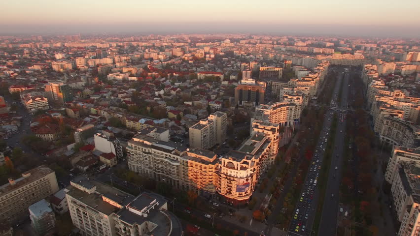 Aerial View Over Bucharest City Center Skyline At Dusk Stock Footage ...
