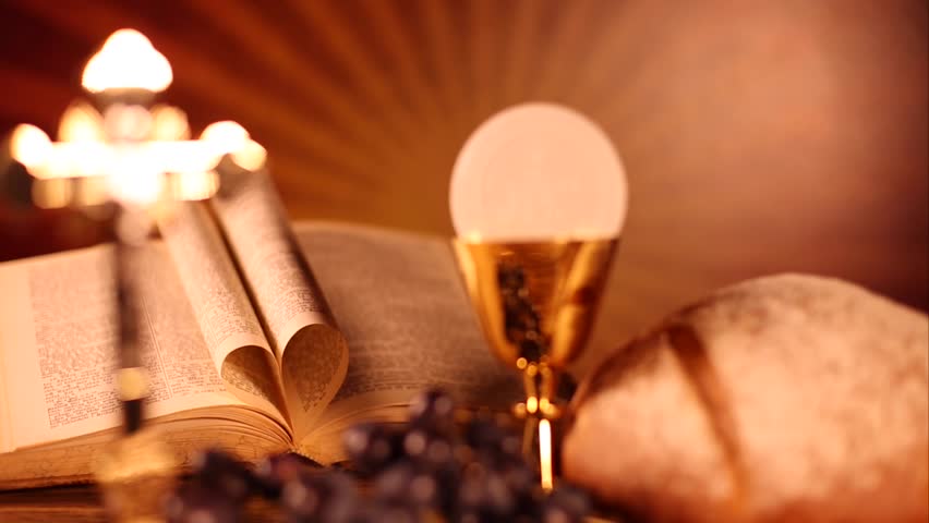 Candle Lit Communion Setting With Wine, Bread And The Bible. Stock ...