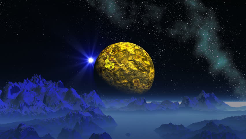The Huge Planet Towers Over The Horizon. Low Mountains Stand Among ...