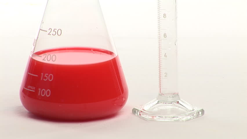 Chemical Reaction At Laboratory In Erlenmeyer Flask With Bottle In ...