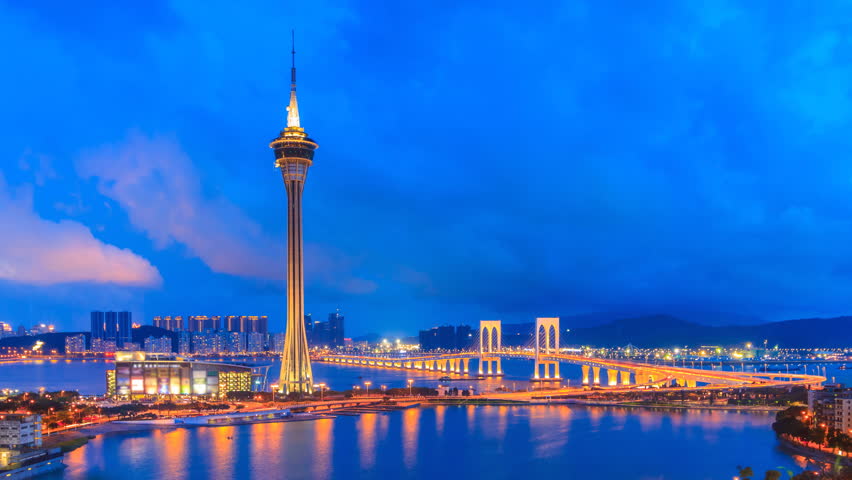 Macau Tower And Macau Bridge Day To Night Time Lapse Of Macau China ...
