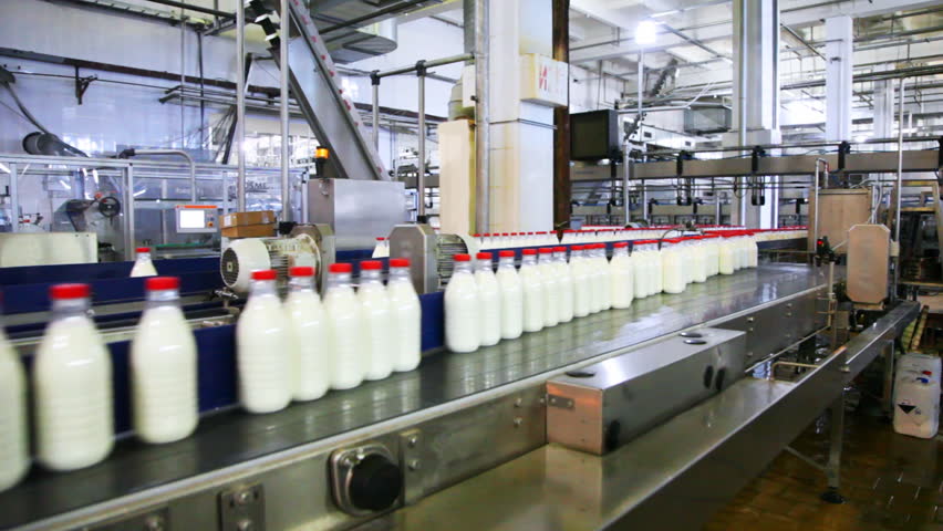 Conveyor In Milk Factory, Above It Empty Plastic Bottles Move At High ...