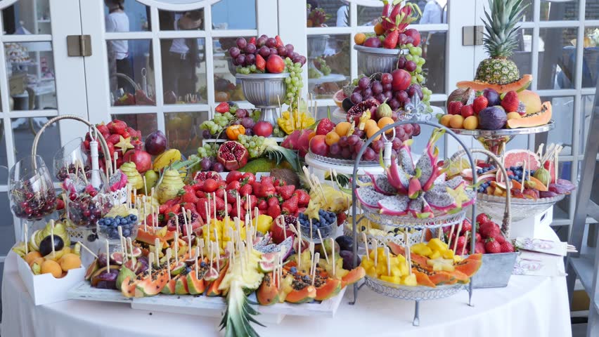 Different Fresh Fruits On Wedding Buffet Table. Fruits And Berries ...