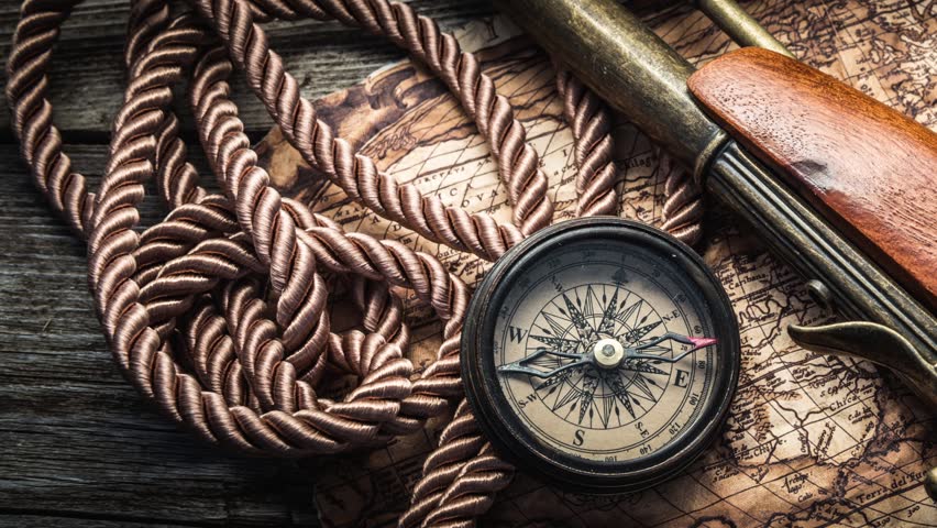 Vintage Still Life With Compass Sextant And Old Map Stock Footage