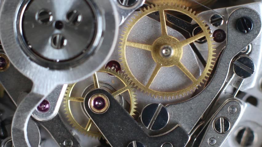 Top View Of A Clock Mechanism Working, Watch Gears Background, Vintage ...
