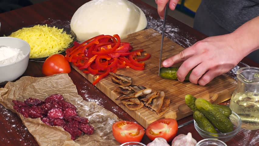 Mans Hands Cut Salami On Stock Footage Video (100% Royalty-free ...