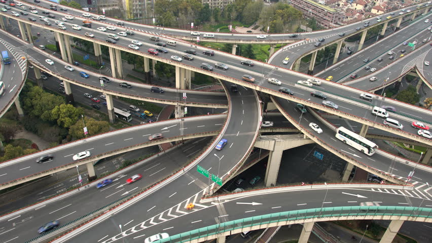 Aerial View Of Busy Highway In Shanghai Infrastructure, Suspended ...