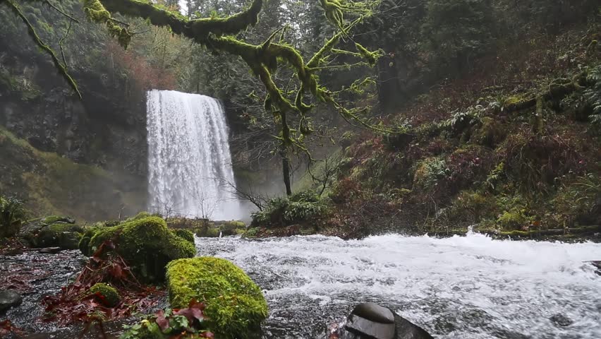 Handheld Shot Of Pacific Northwest Waterfall In Fall, With Audio. Upper ...