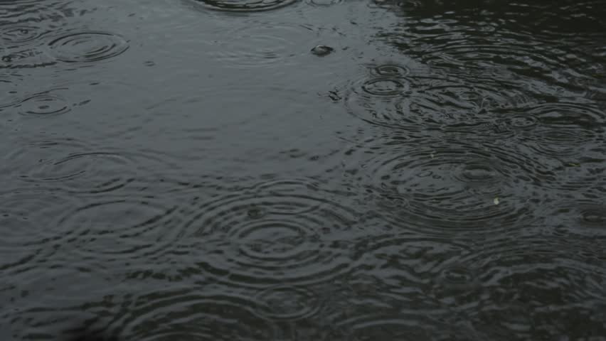 Rain Drops Falling In Puddle, Close Up, Water Dropping On Flooded City ...