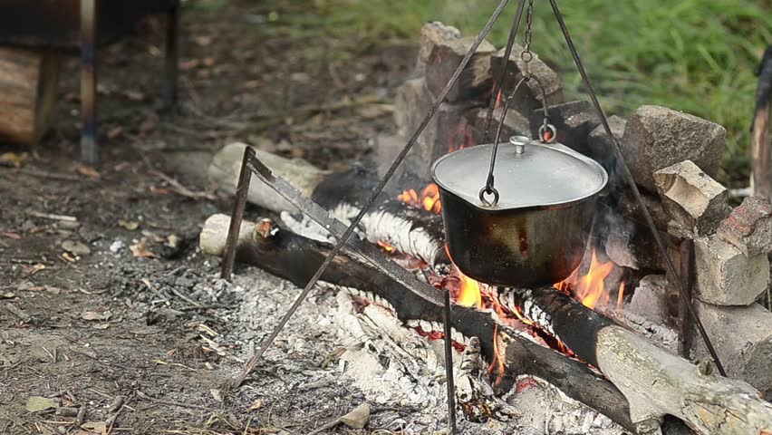 Top View: Boiling Kettle Smoke Fire Log Steam Camping Burning Fire ...