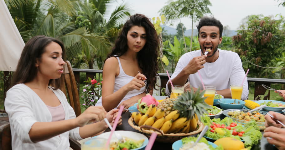 People Group Talk Eating Healthy Vegetarian Food, Friends Communication ...