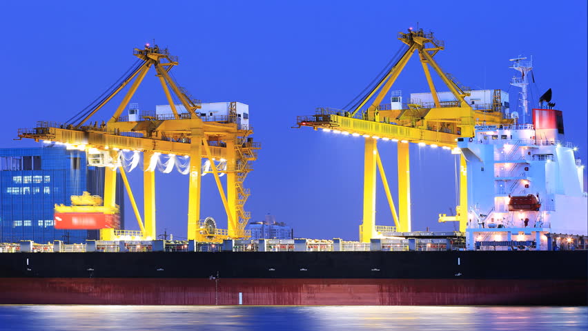 Container Cargo Freight Ship With Working Crane Bridge In Shipyard For ...