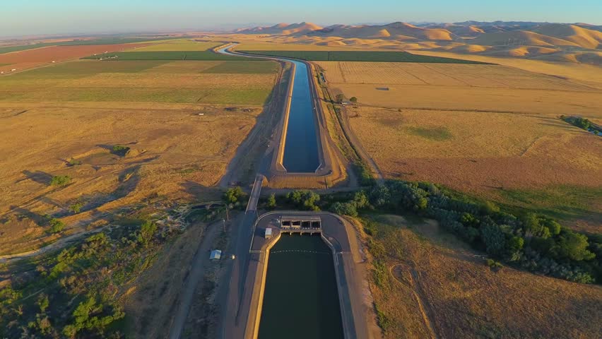 California Aqueduct Irrigation Aerial Canal Farmland Flyover Stock ...