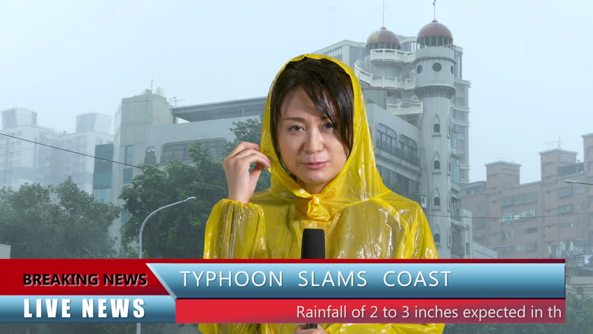 Asian American Female TV Weather Reporter Reporting On Typhoon With ...
