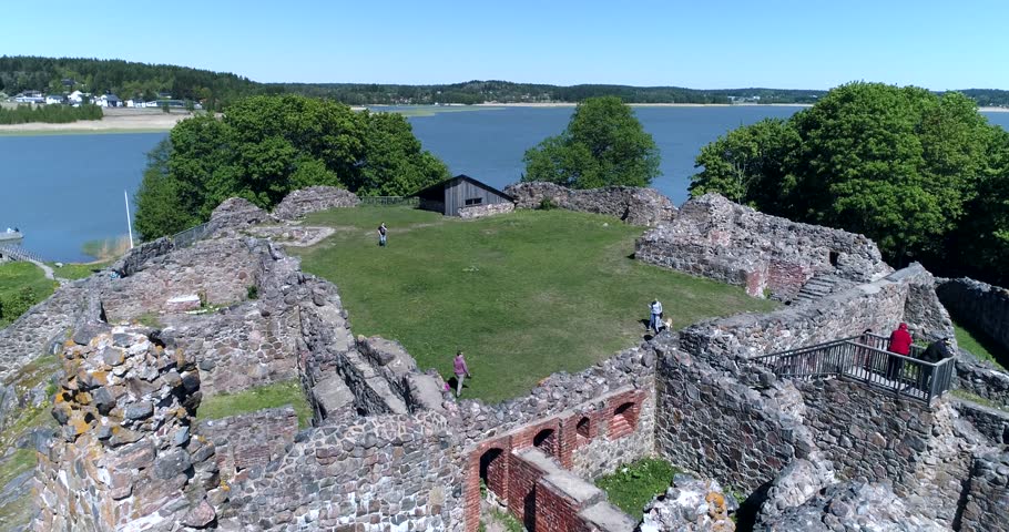 Kuusisto Castle Ruins, Cinema 4k Aerial View Of A Flight Up And ...