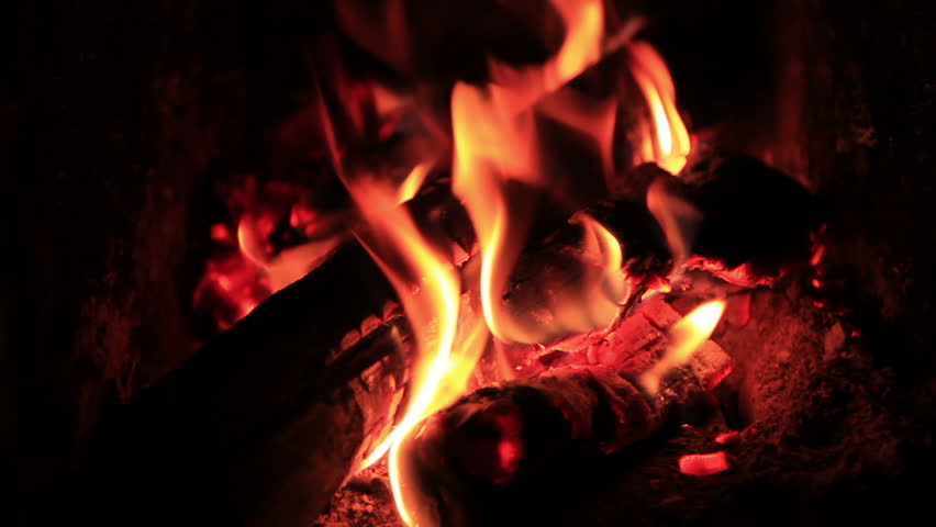 Looping Video Features Campfire Flames Dancing On Charred Logs In The ...