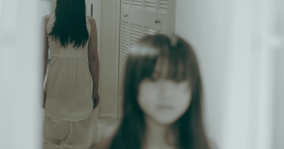 Scary Ghost Woman Crawling In Horror Halloween Scene 111386480 Stock ...