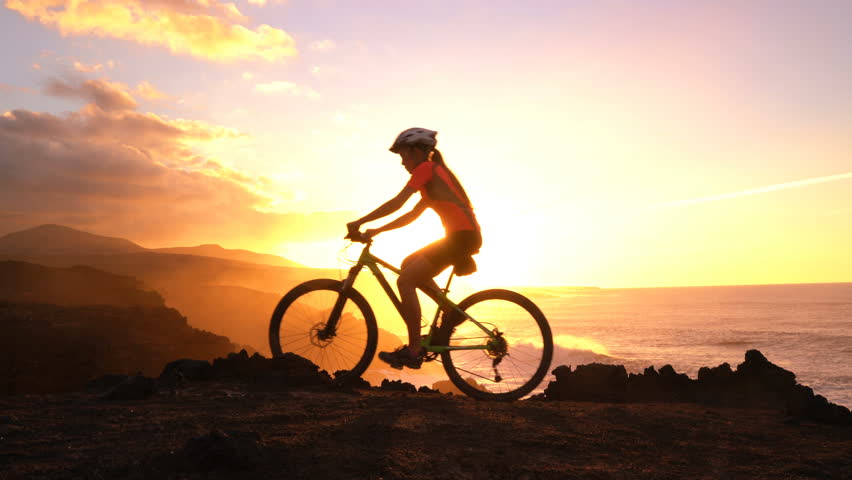 Happy MTB Cyclist Mountain Biking Raising Arms Lifting Bike By Sea ...