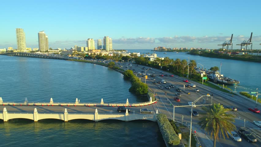 Aerial Video Macarthur Causeway Bridge Heading To Miami Beach Stock ...