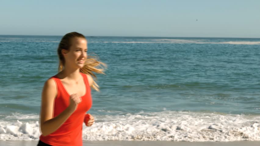Woman In Red Bikini Walking On The Beach, Slow Motion, Steadicam Shot ...