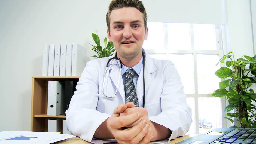 Caucasian Male Doctor Video Conference Call Discussing Drug Research ...