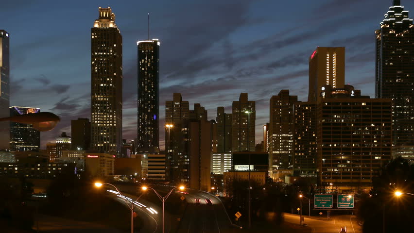 Atlanta Georgia City Skyline Time Lapse At Night With Traffic Moving ...