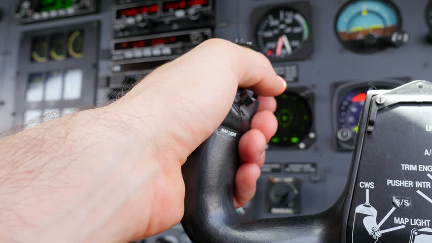 Pilot Push Thrust Lever Handle For Takeoff A Plane In The Cockpit Slow ...