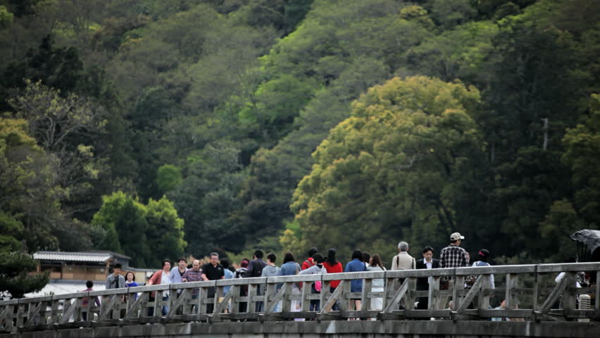Kyoto - May 2014: Tourists Walking Togetsukyo Bridge Oi River Moon ...