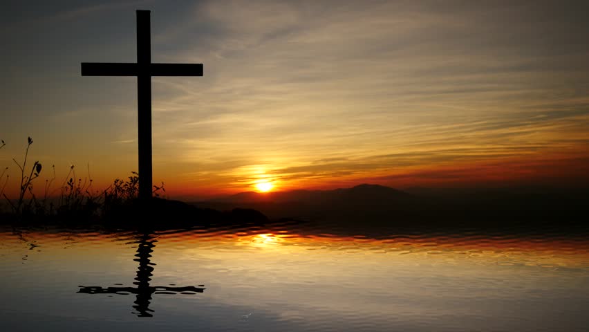 Water Reflection Of Cross Silhouette At Sunset Sky Background. Jesus ...