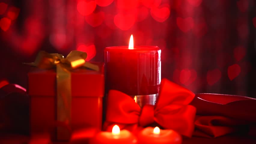 Valentine's Day. Beautiful Valentine Scene With Red Hearts Candles ...