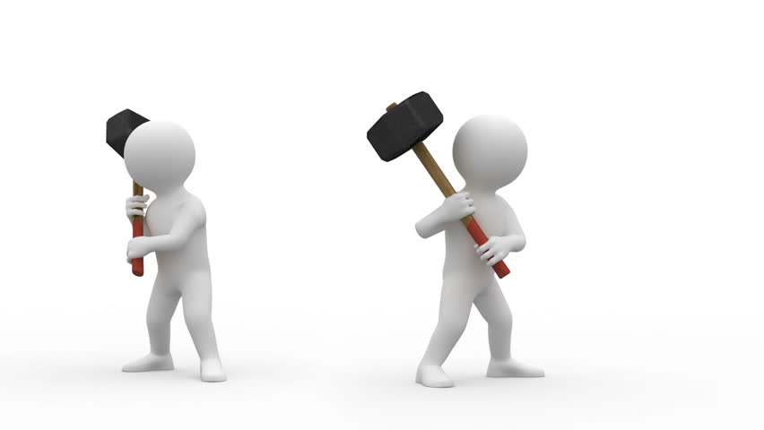 Abstract Man Working With Big Hammer. Isolated On White. Looped. Alpha ...