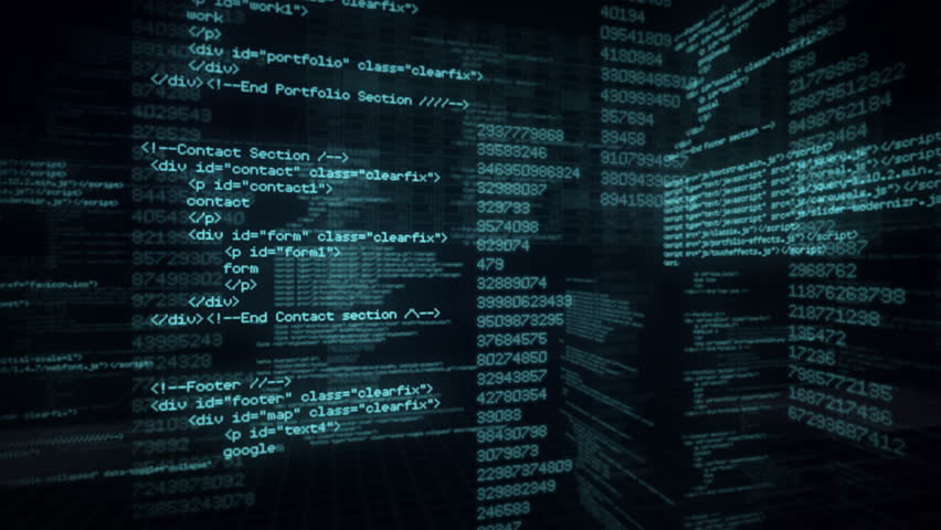 Computer Code Running In A Virtual Space. Loopable. Dark Blue. Dolly In ...
