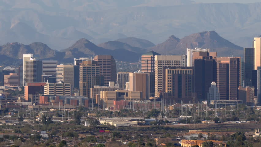 Pan Of The Downtown Phoenix Arizona Skyline, Left To Right, From Above ...